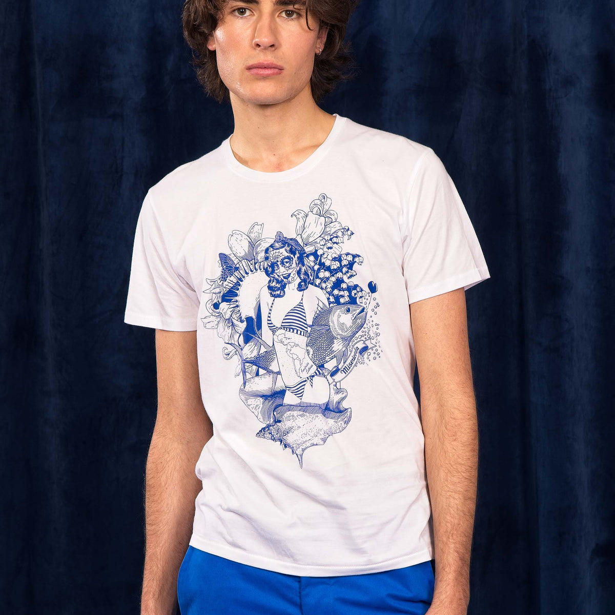 Tee-shirt homme blanc imprimé en coton Sirène Péruvienne – Misericordia